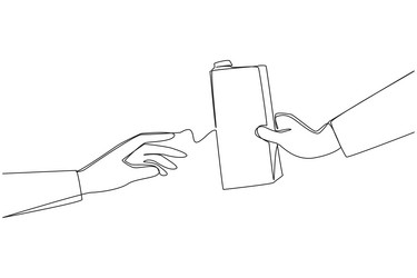 Single one line drawing hand giving tetra pack Vector Image