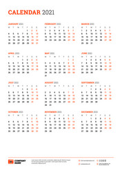 Calendar for 2021 year week starts on monday Vector Image