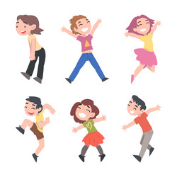 Cute kids jumping with joy and throwing books up Vector Image