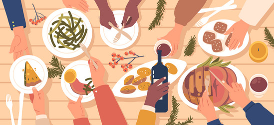 Bountiful christmas feast hands reaching Vector Image