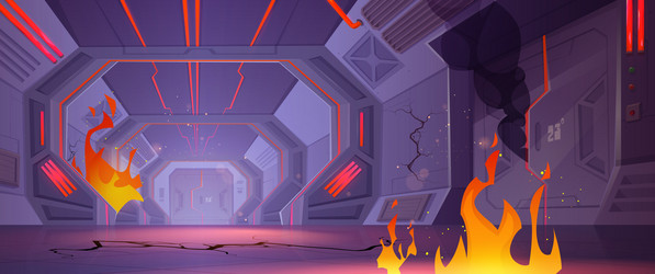 Space ship hall interior in fire and smoke Vector Image