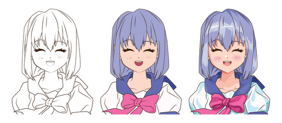 Drawing process young woman anime style Royalty Free Vector