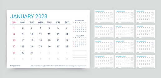 Calendar 2023 year table planner template desk Vector Image