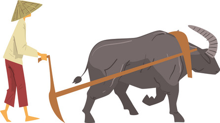 Asian farmer in straw conical hat working with hoe