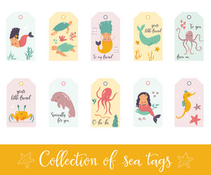 Set of cards and tags with sea characters Vector Image