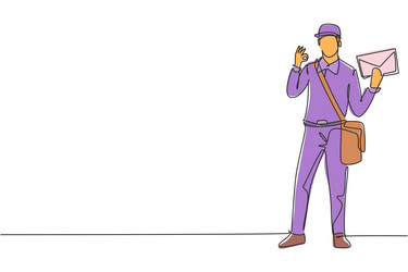 Single one line drawing of postman standing in a Vector Image