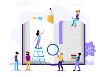 Male and female cartoon characters reading books Vector Image