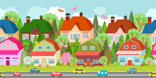 Happy seamless border with cute cityscape Vector Image