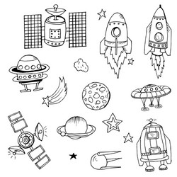 Doodle space planets rocket ship stars explore Vector Image