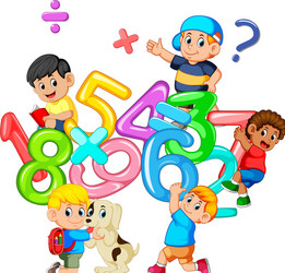 Kids playing with big number four Royalty Free Vector Image