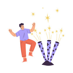 Young man character setting off firework Vector Image