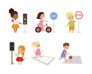 Little kid pedestrian learning road sign Vector Image