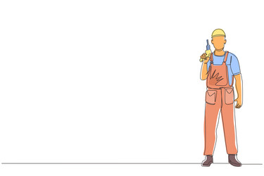 Single continuous line drawing man worker holding Vector Image