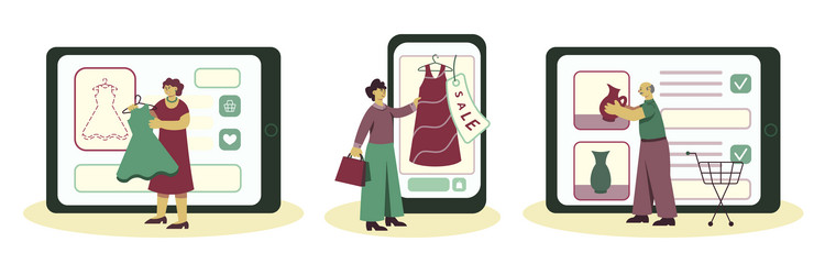 Online shopping concept people with carts made Vector Image