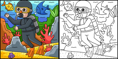 Boy snorkeling summer coloring page Royalty Free Vector