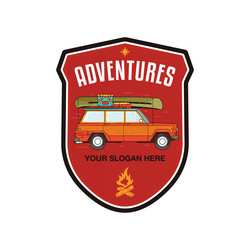 Camping adventures badge design with camper car Vector Image