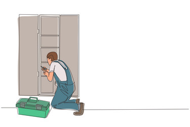 Single one line drawing repair worker laying Vector Image