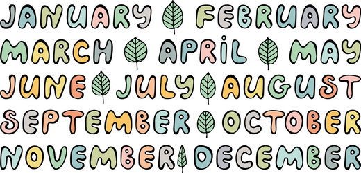 Handwritten names of months and doodle elements Vector Image