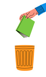 Hand throwing book in trash garbage utilisation Vector Image