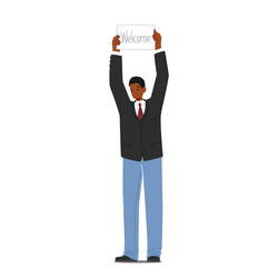 Male character holding welcome broadsheet concept Vector Image