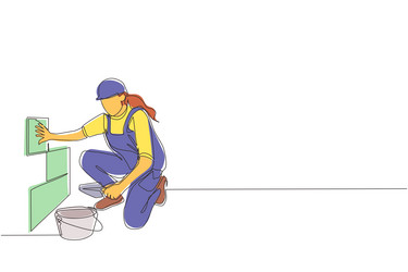 Single one line drawing repair worker laying Vector Image