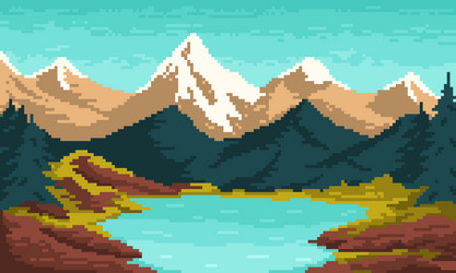 Pixel valley with mountains and lake background Vector Image