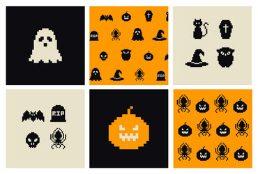 Pixel art halloween icons and objects 8-bit Vector Image