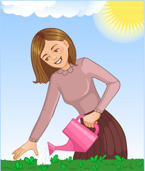 Woman watering her flowers with can Royalty Free Vector