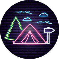 Neon camping sign with tent bonfire mountains Vector Image