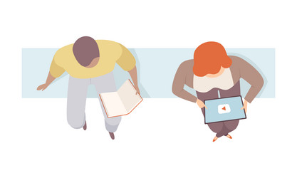 Man and woman sitting on bench top view Royalty Free Vector