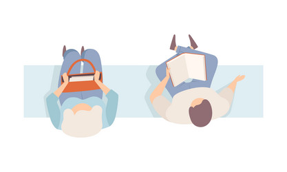 Man and woman sitting on bench top view Royalty Free Vector