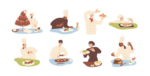 Cartoon japanese chef cooking sushi rolls set Vector Image