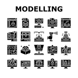 3d modelling software and device icons set Vector Image