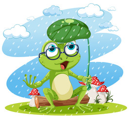 Green frog cartoon character holding leaf umbrella