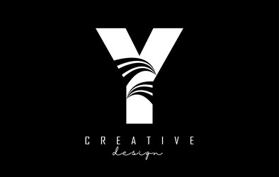 White letter y logo with leading lines and road Vector Image