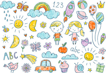 Hand-drawn kids doodle set drawings Royalty Free Vector