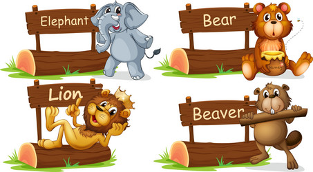 Many type of animals with wooden signs Royalty Free Vector