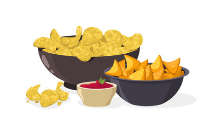 Cartoon chips in bowl yellow crispy fried potato Vector Image