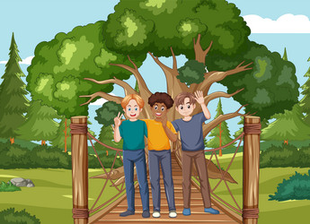 Three friends posing together on a bridge Vector Image