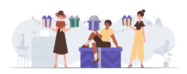 A group of people is holding gift box Royalty Free Vector