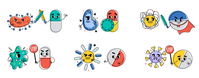 Cartoon pills and viruses scenes antibiotics Vector Image