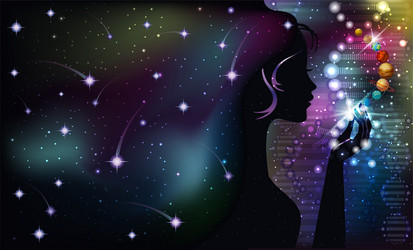 Galaxy woman and dna planets vip card Royalty Free Vector