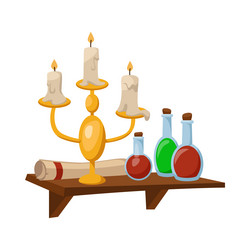 Book shelf with notes and flask cartoon Royalty Free Vector