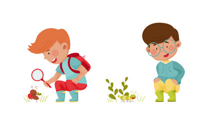 Cute kids exploring animals in forest or park set Vector Image