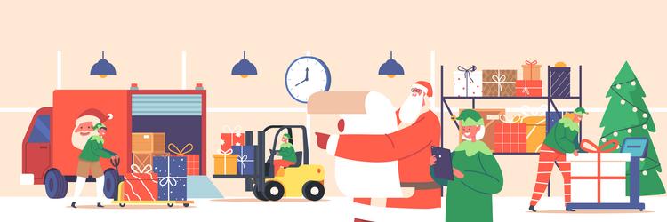 Santa claus and elf helper loading gifts in truck Vector Image