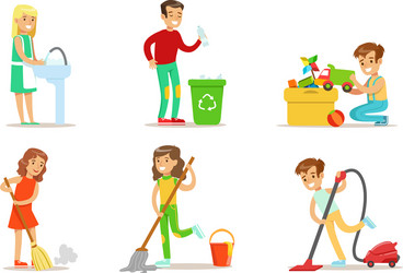 2201 s cartoon children doing housework Royalty Free Vector