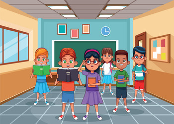 Kids checking out books in the library Royalty Free Vector