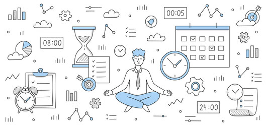 Time management doodle icons with clock and gear Vector Image