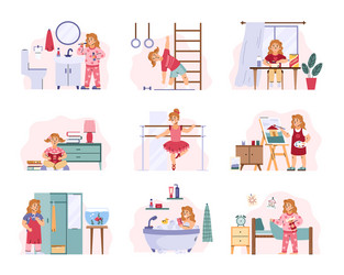 Cartoon little kid girl home daily routine cute Vector Image
