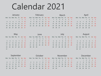 2021 calendar week starts sunday Royalty Free Vector Image